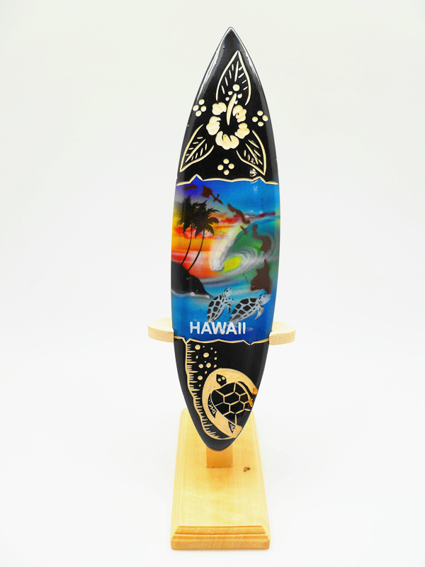 21cm/8" Turtle & Hibiscus carved, Painted Wood Surfboard w/Stand