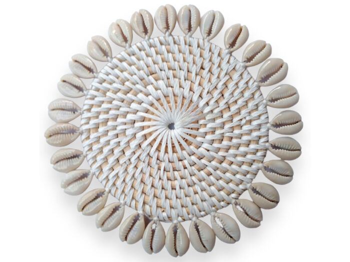 6″ White Rattan & Cowrie Shell Coaster – JKW LLC