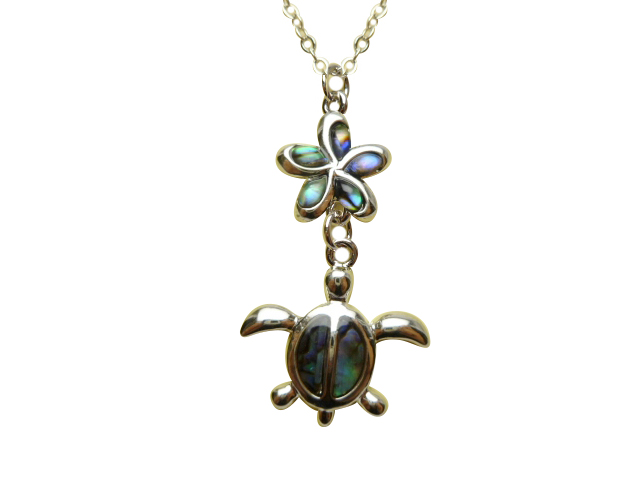 Abalone Shell Plumeria, Turtle & CZ Pendant w/ 18" Ball Chain