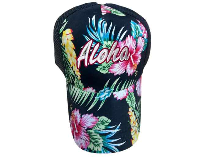 “Aloha” Black Floral Print Mesh Baseball Cap / Hat, MOQ-6pcs – JKW LLC