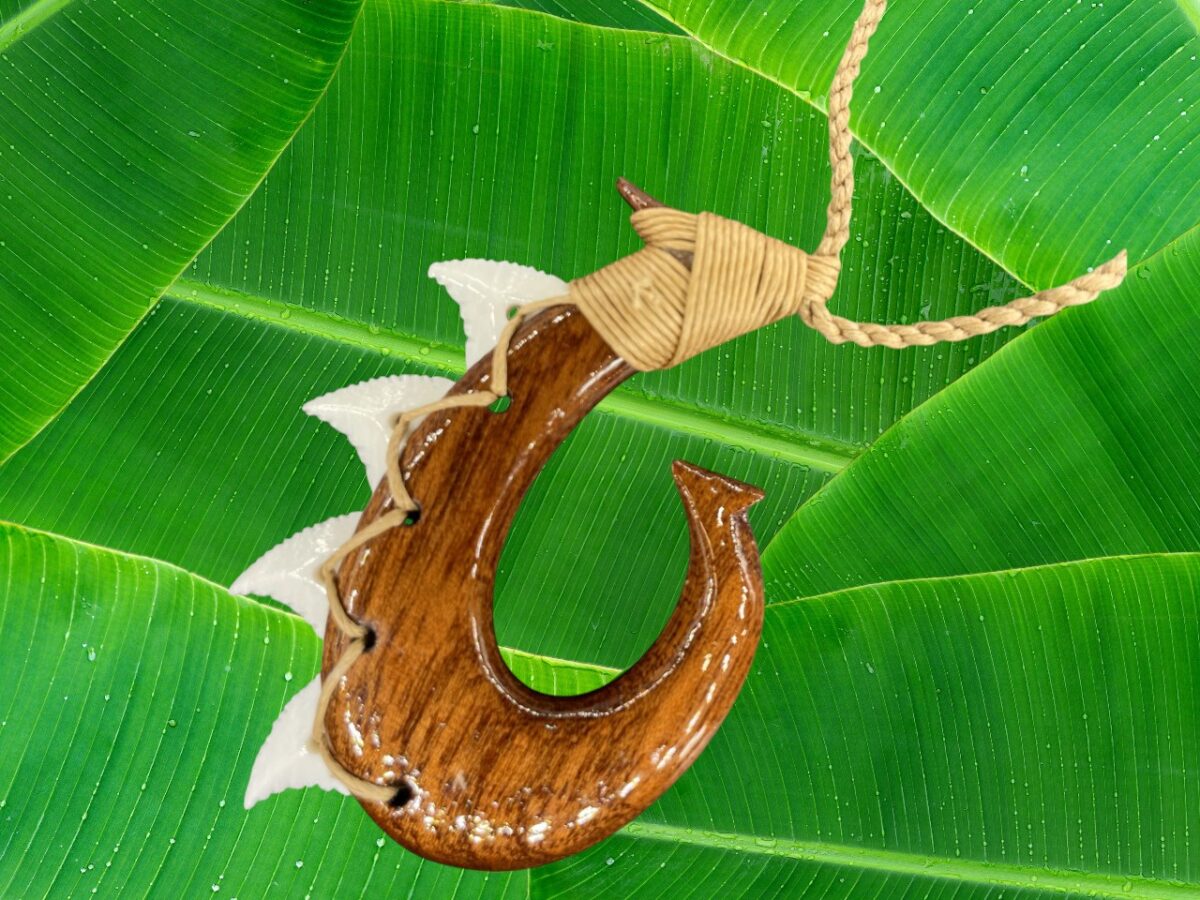 02-Koa Fish Hook w/ Bone Made Shark Teeth – JKW LLC