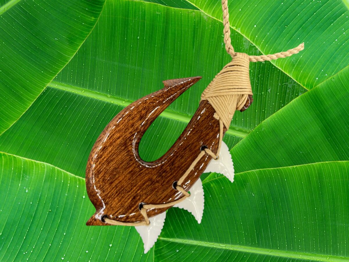 02-Koa Fish Hook w/ Bone Made Shark Teeth – JKW LLC